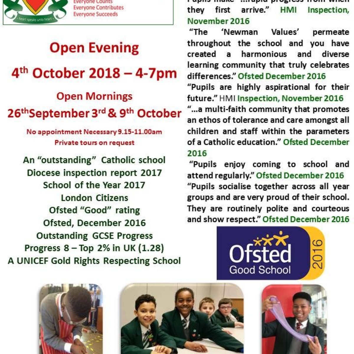 Newman Catholic College - Open Evening 4th October and Open Days